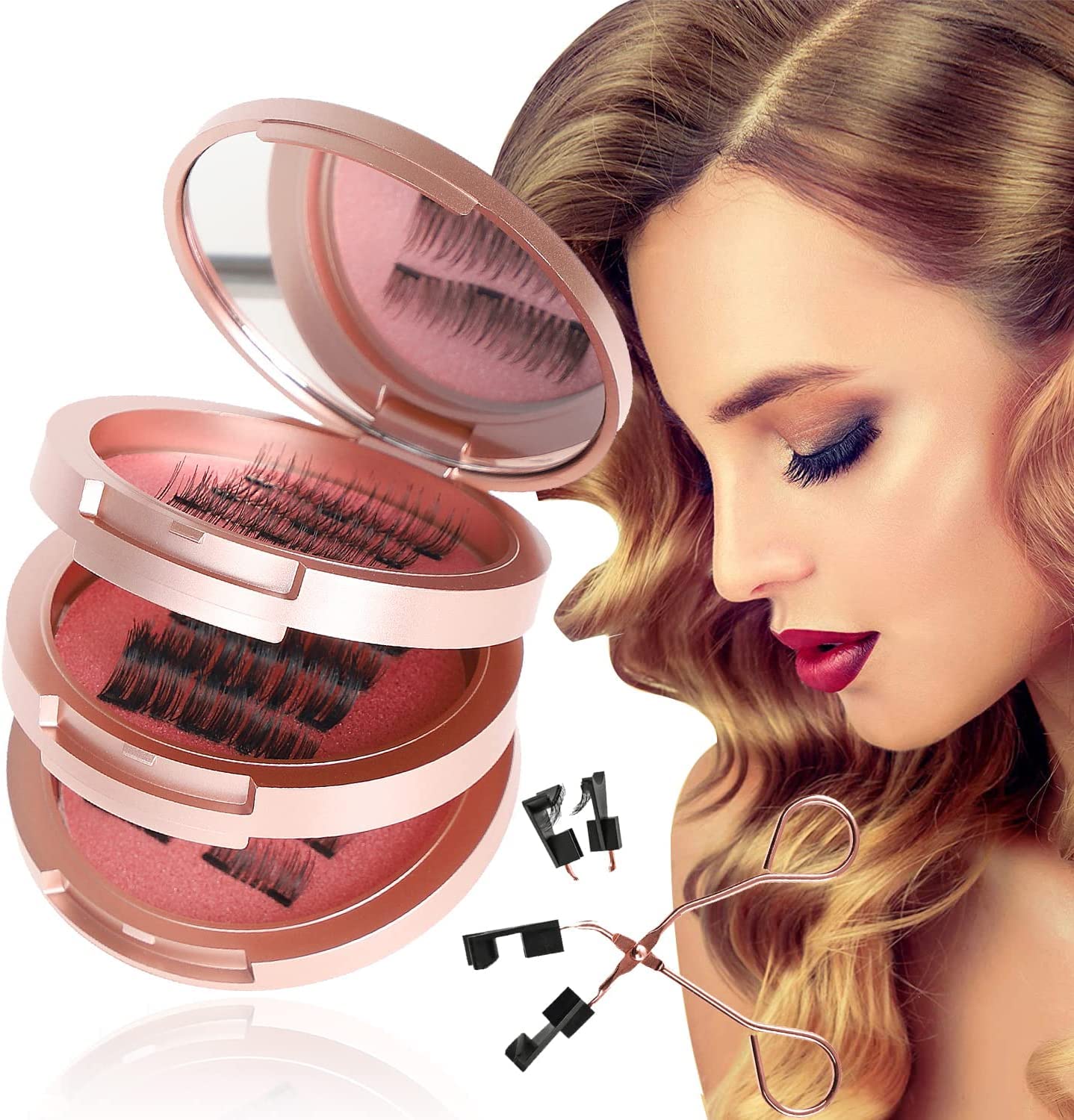 Gemonad Magnetic Eyelashes without Eyeliner 4 Pairs Reusable Dual False Lashes Natural Look 3D Effect Waterproof Fake Eyelash Set with Applicator(4-Pairs/16 Pieces)
