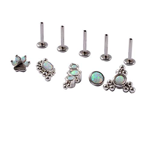 CHUANCI Set Surgical Steel 16G Opal Nose Piercing Ring Cluster Ear Tragus Helix Cartilage Septum Clicker Daith Earring Labret Piercing (Style A 6PCS/Lot)