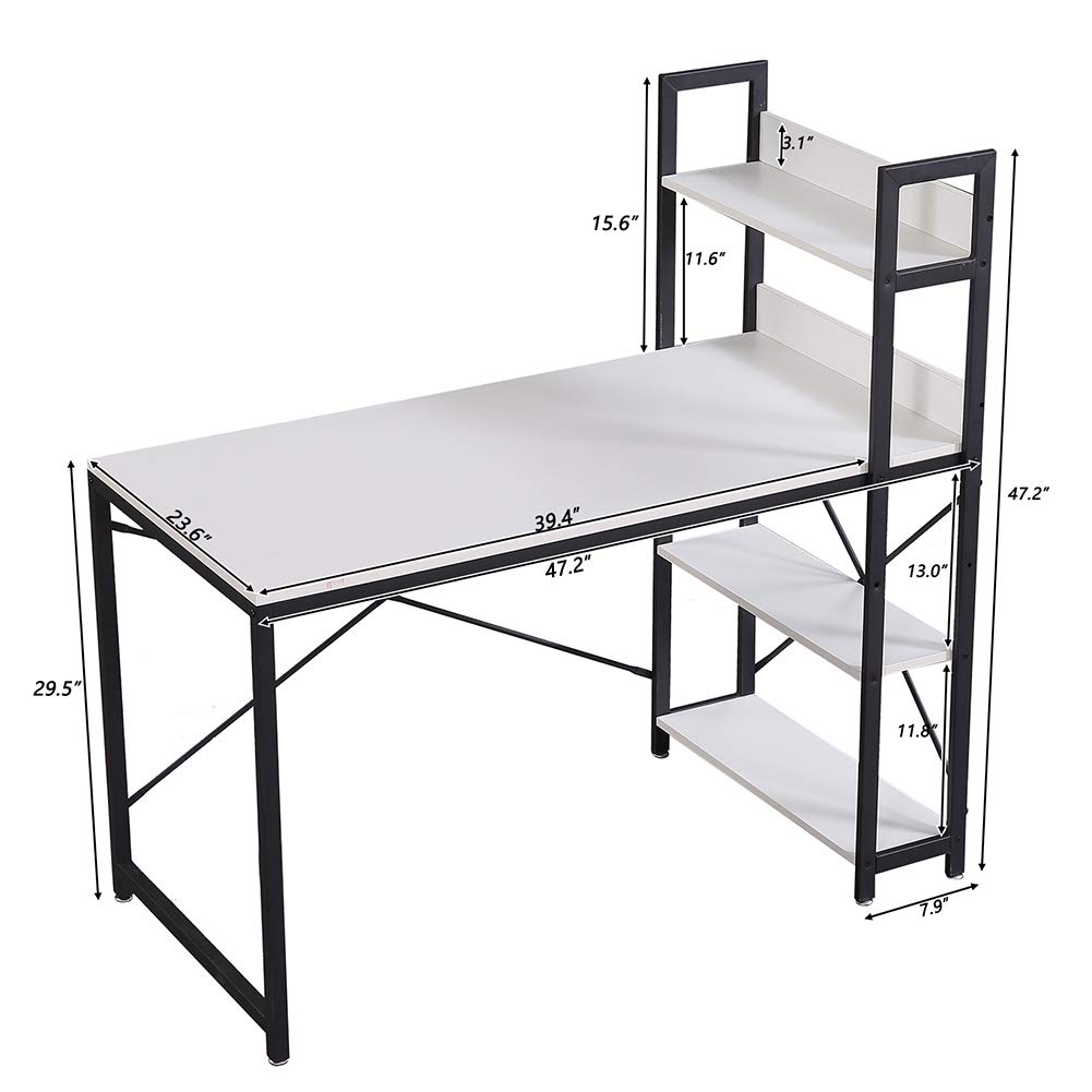 Computer Writing Study Home Office Desk, Multipurpose Study Table H Shape Table with 4 Tier Bookshelves, 47 inch #White
