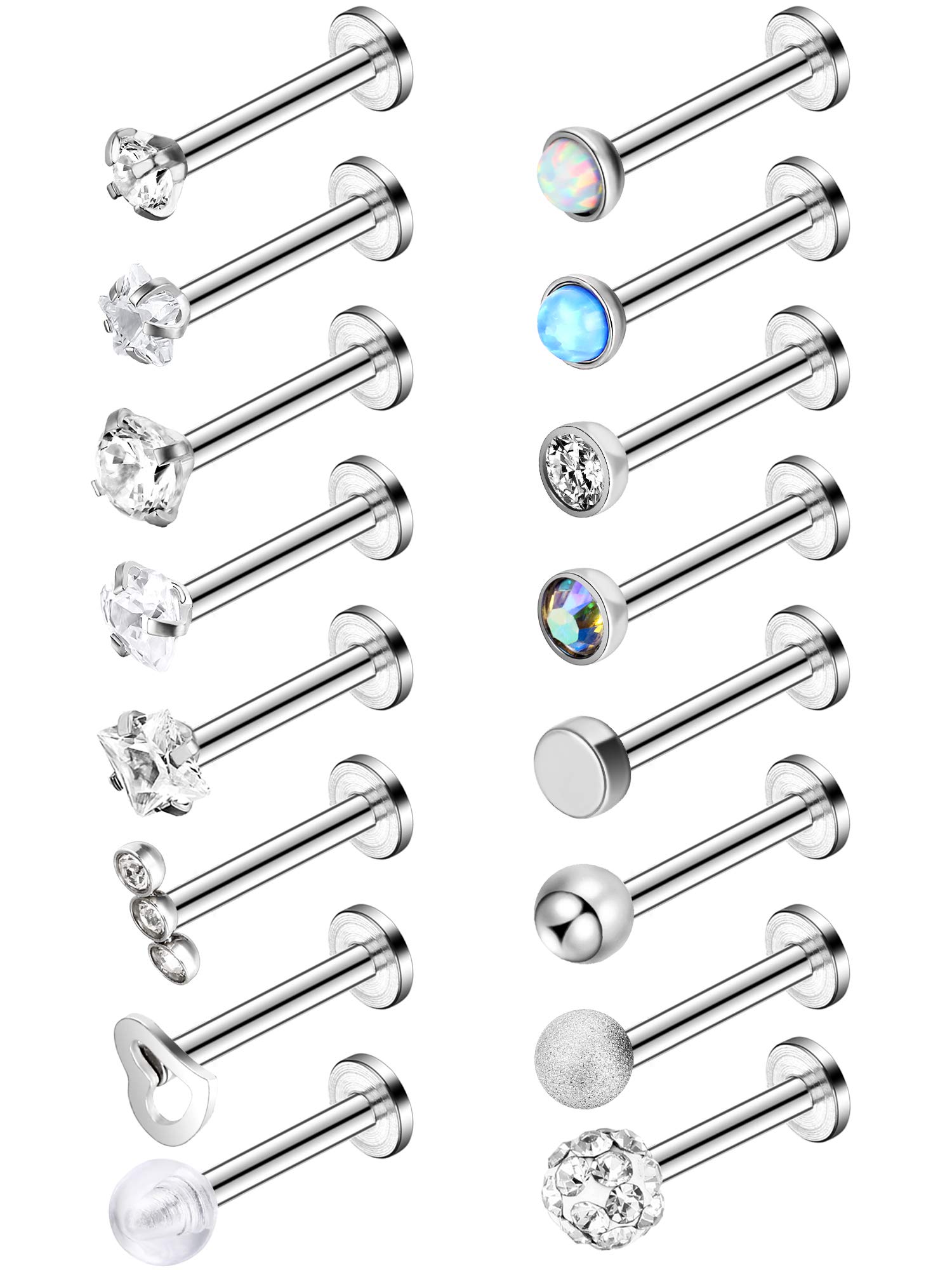 Chuangdi 16 Pieces 16 G Labret Nose Studs Piercing Lips Stainless Steel Tragus Nose Assorted Design Piercing Jewelry for Women (Silver)