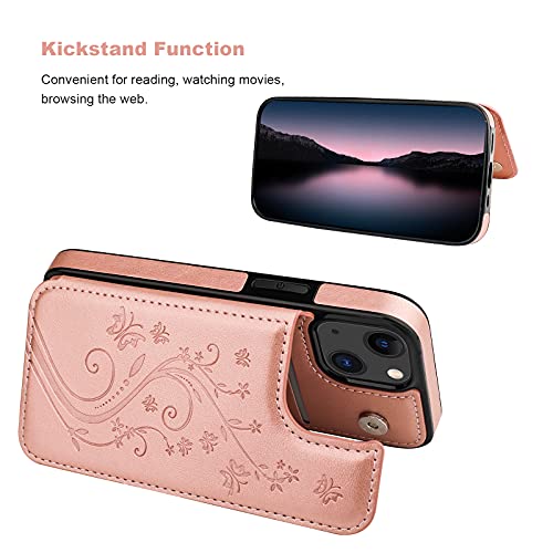 Vaburs Compatible with iPhone 13 Case Wallet with Card Holder, Embossed Butterfly Pattern PU Leather Double Buttons Flip Shockproof Protective Cover for Magnetic Car Mount 6.1 Inch (Rose Gold)