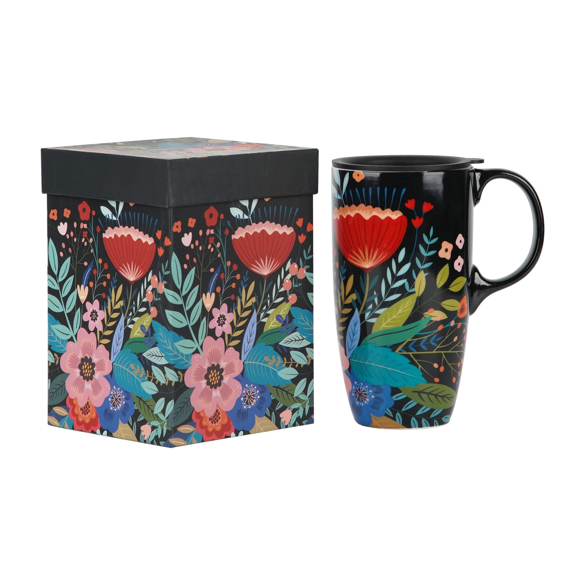 DUSVALLY Ceramic Mug Large Coffee Cup Tall Mugs Porcelain Latte Tea Cup with Lid and Color Box 17oz.Black and Colorful Flowers
