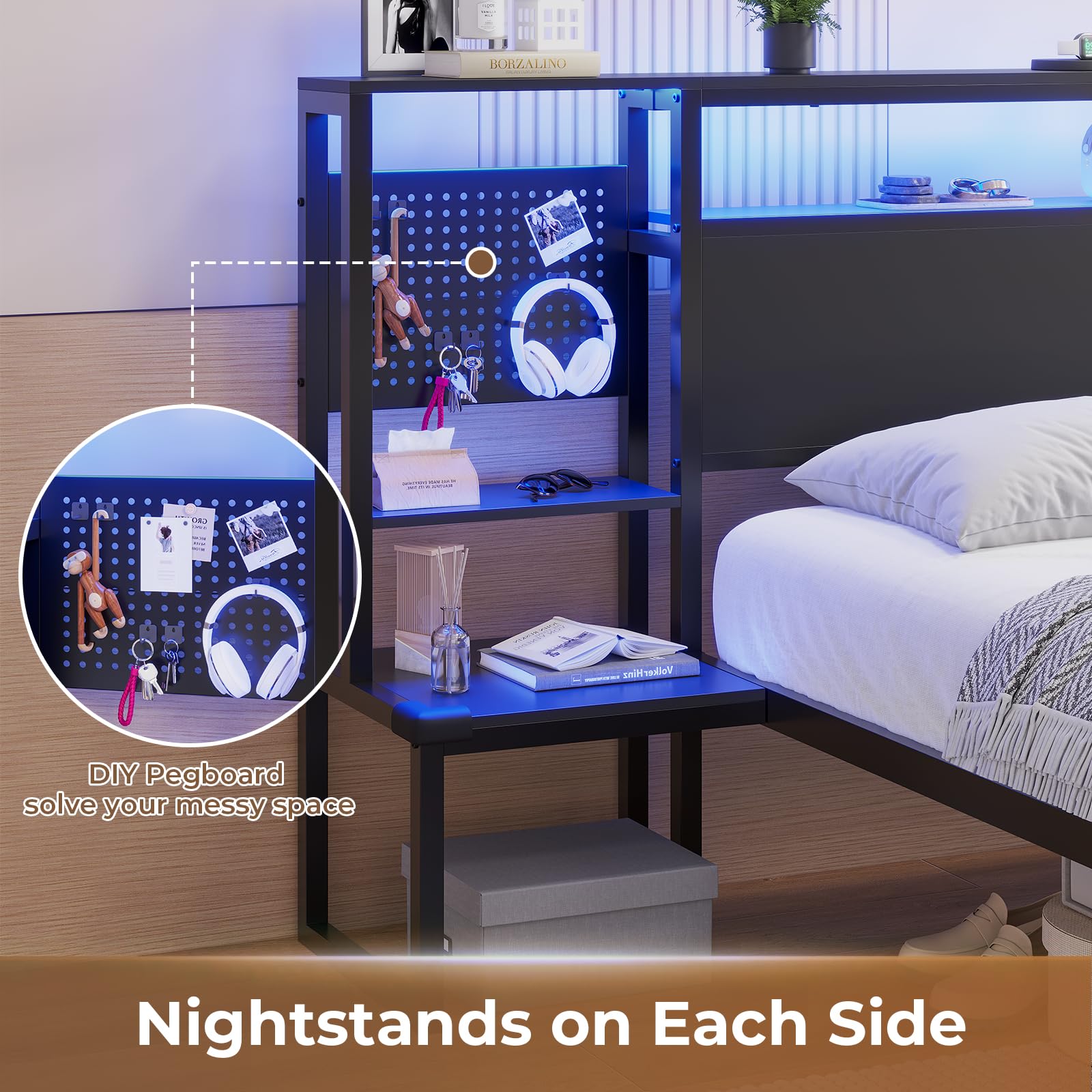 HAUOMS King Size Bed Frame with Storage Headboard & Bedside Storage, Durable Metal Platform Bed with Charging Station & LED Lights, 4-Tier Headboard, Noise-Free, No Box Spring Needed, Black