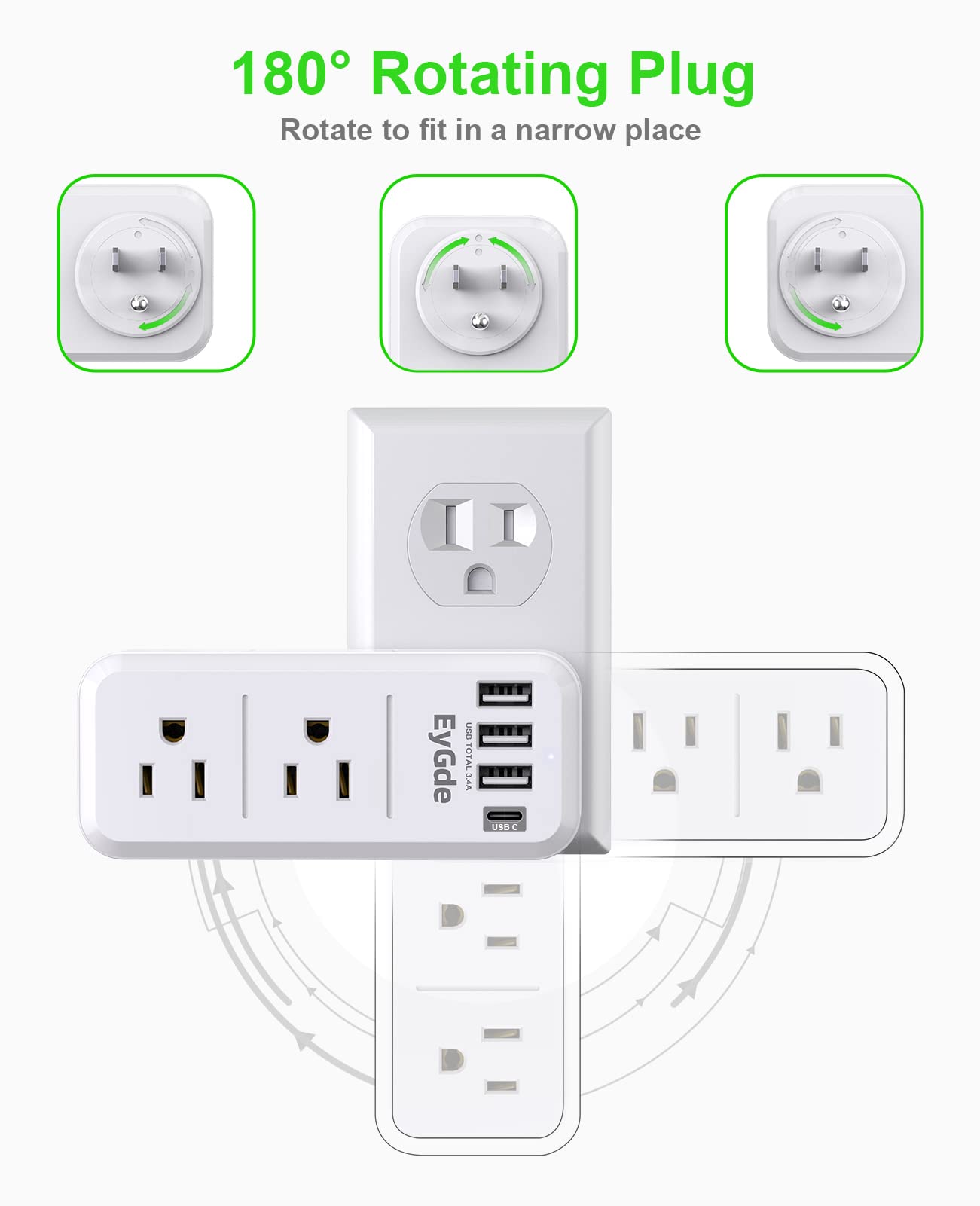 EyGde Multi Plug Outlet Extender Surge Protector 1700J, Wall Power Strip with Rotating Plug & 4 USB Charging Ports (1 USB C) +2 Prong Power Strip with Surge Protector 1700J, EyGde Multi Plug Outlet