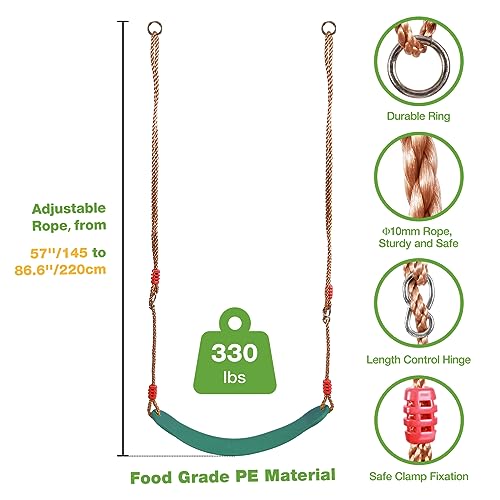 RedSwing Swing Seat for Kids Outdoor with 57-86" Rope, Kids Safety Playground Swing Seat Replacement, Belt Swing, Heavy Duty, with Large Swing Frame Set Backyard Swing and Seesaw, Green