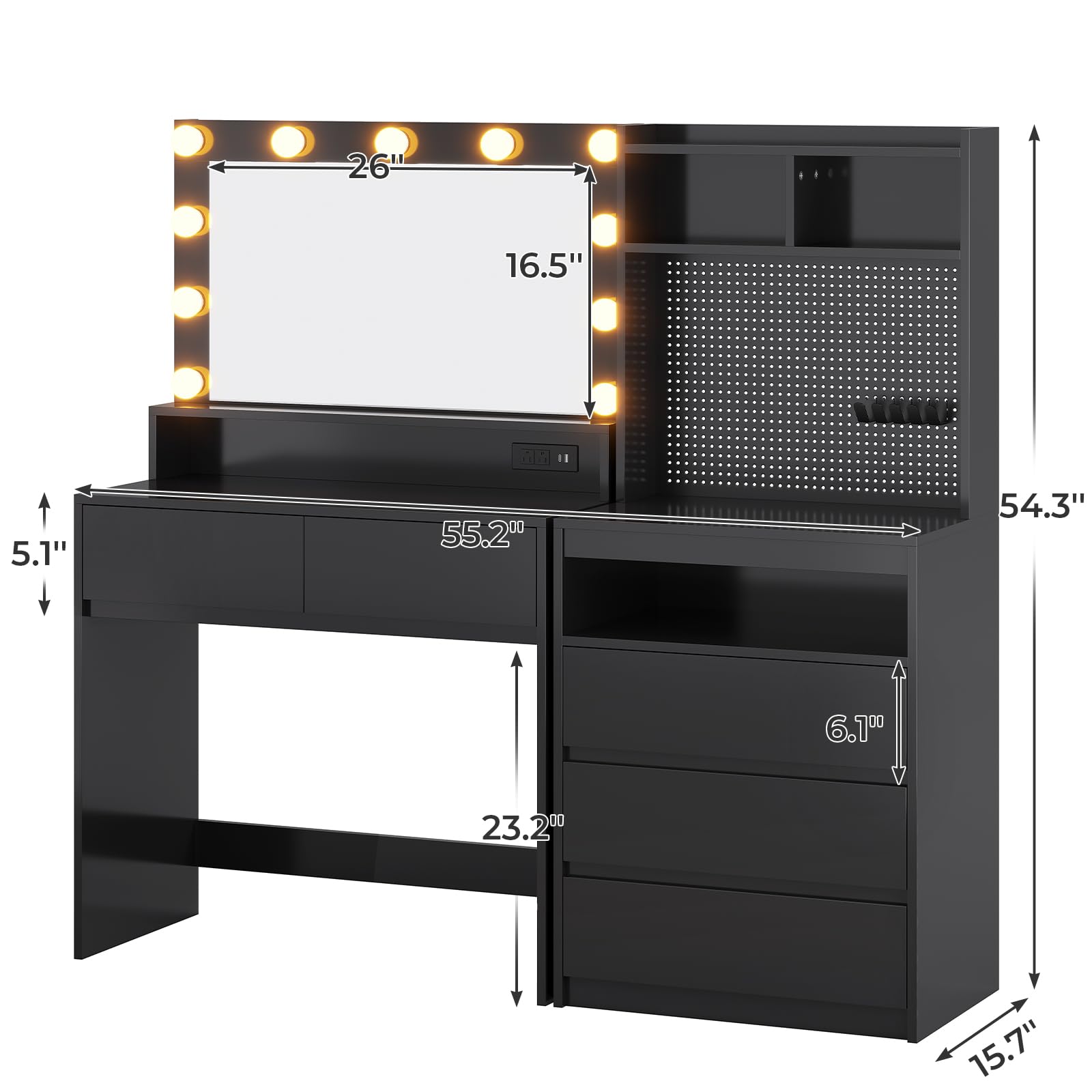 HAUOMS Vanity Desk Dresser Combo, Makeup Vanity with Mirror and LED Light & Power Outlet, Vanity Table with 5 Drawers, DIY Pegboard Included, 3 Light Settings, Modern White
