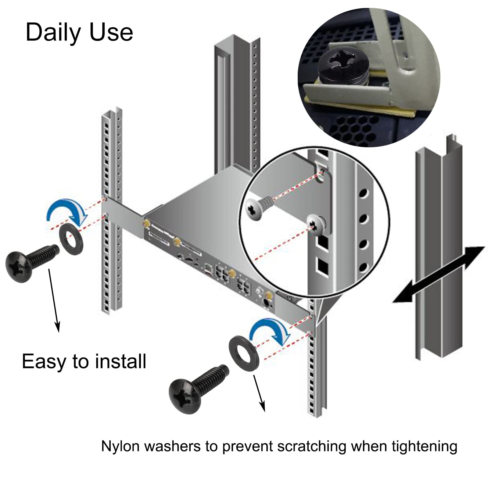 Cqyueen High-Grade Carbon Steel 12-24 Black Rack Screws Set. 60 Sets [Rack Screw + Nylon Washer] for Equipment Server Racks, Enclosures, and Cabinets
