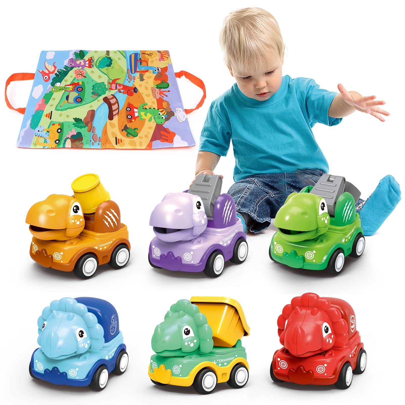 Flypear Toy Cars for 1 Year Old Boy, Dinosaur Pull Back Construction Vehicles with Storage Bag, 6PCS Monster Truck for Toddlers 3-5, Friction Power Cartoon Car Easter Gift