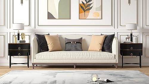 O&K FURNITURE Black Round Side Table for Living Room, Modern End Table with 2 Drawers, Metal Legs Nightstand for Bedroom, Black & Brown