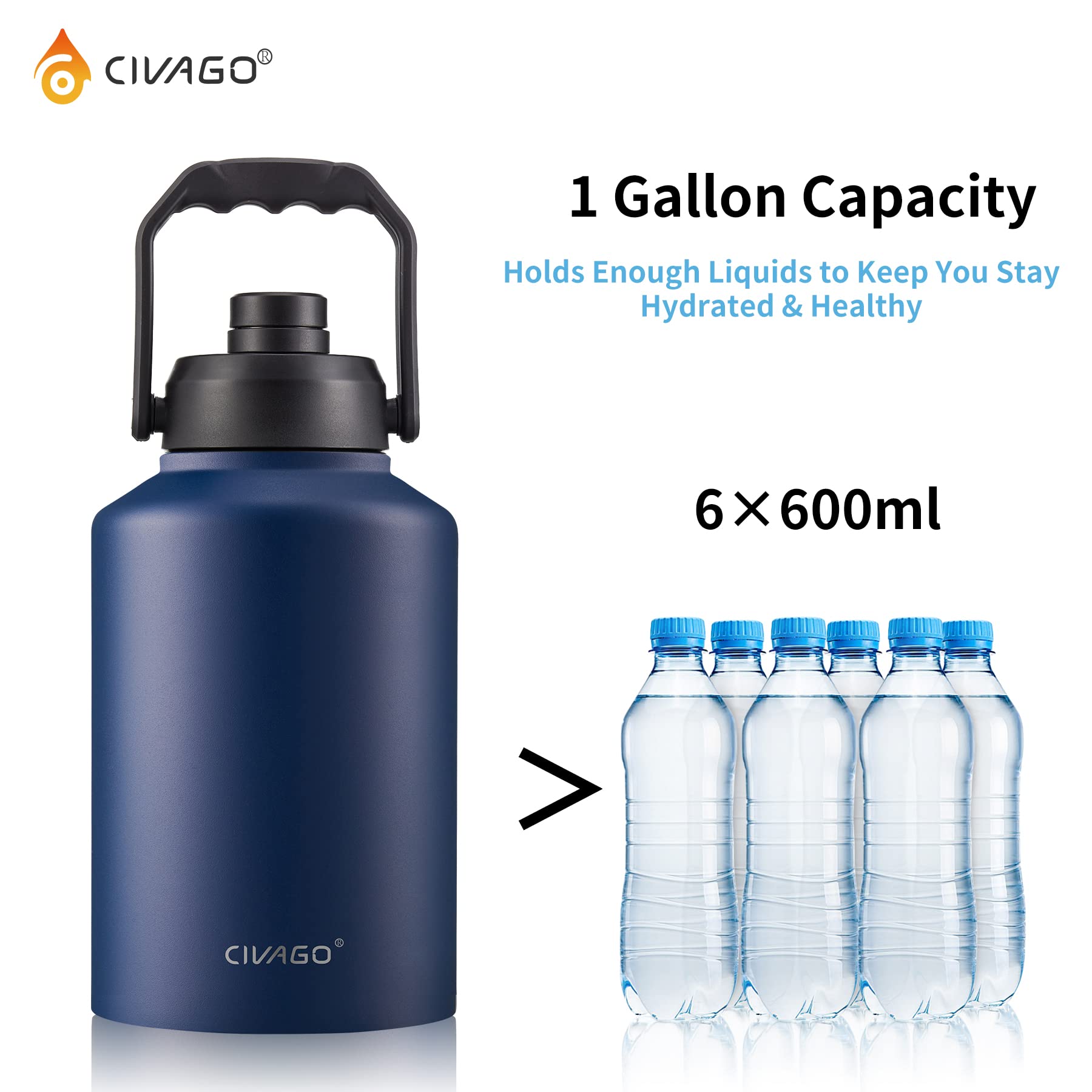 CIVAGO Gallon Insulated Water Bottle Jug with Handle, 128 oz Stainless Steel Sports Canteen, Large Metal Growler Mug, Black