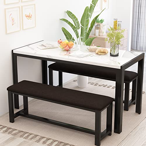 Recaceik Dining Table Set for 4, Kitchen Table and Chairs for 4, Faux Marble Dining Room Table with 2 Benches, Space Saving Dining Table and Upholstered PU Leather Bench for Small Spaces, White