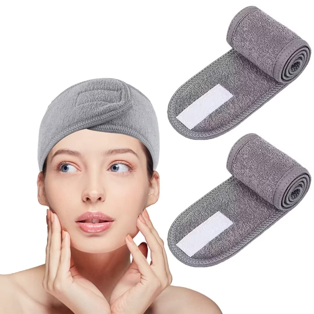 Flytianmy 2 Pcs Spa Facial Headband, Adjustable Face Wash Headband with Magic Tape for Bath, Makeup and Sport (Grey)