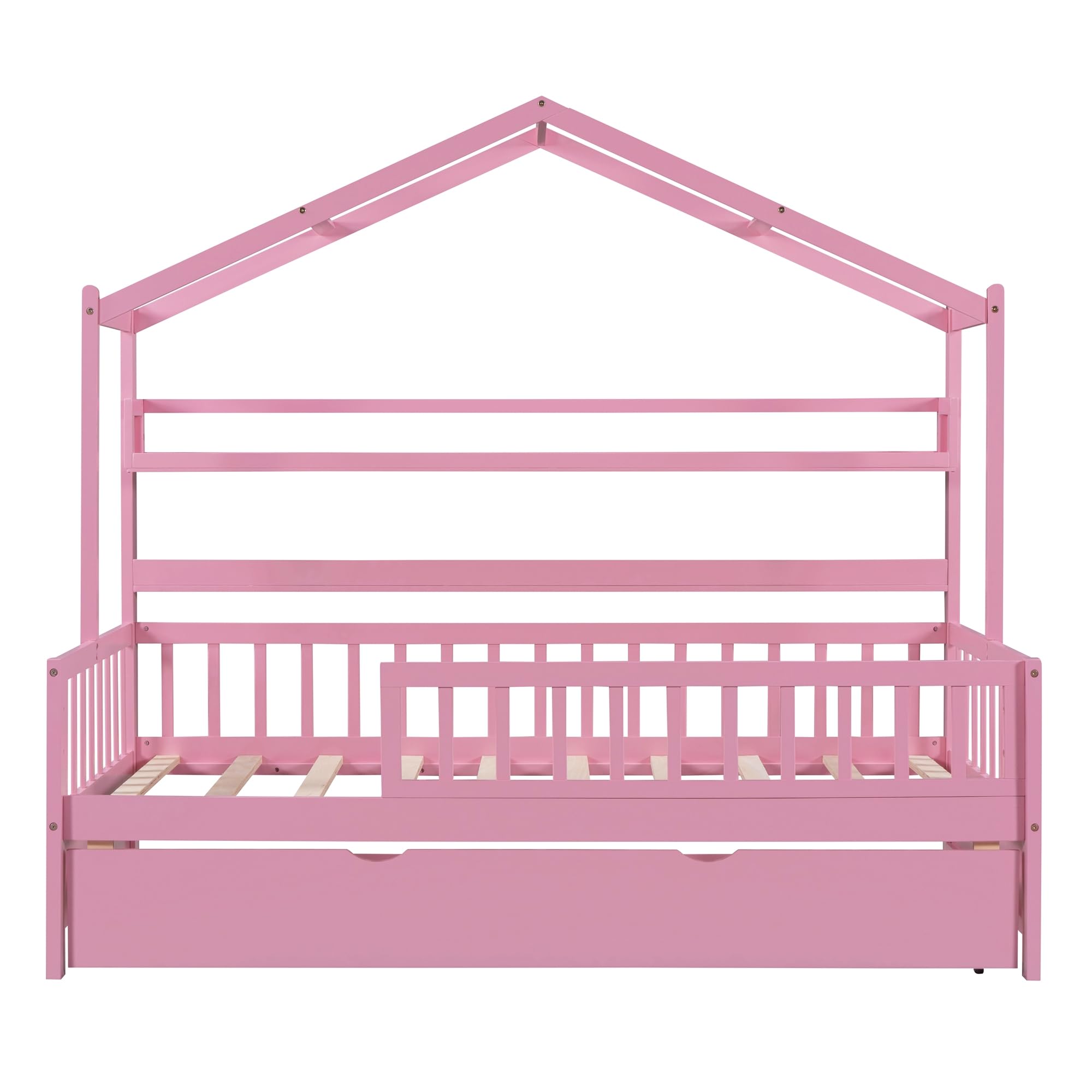Harper & Bright Designs Wooden Twin Size House Bed with Trundle,Kids Bed with Shelf, White (Twin, Pink+Trundle1)