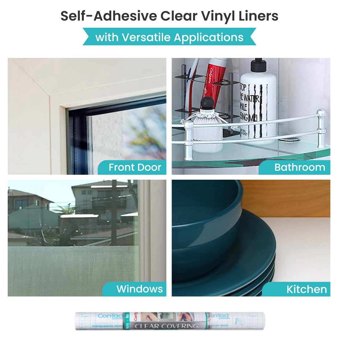 Con-Tact Brand Creative Clear Covering, Versatile and Self-Adhesive Shelf Liner, Ideal Privacy Film, Protective Clear Vinyl, 18'' x 16', Matte