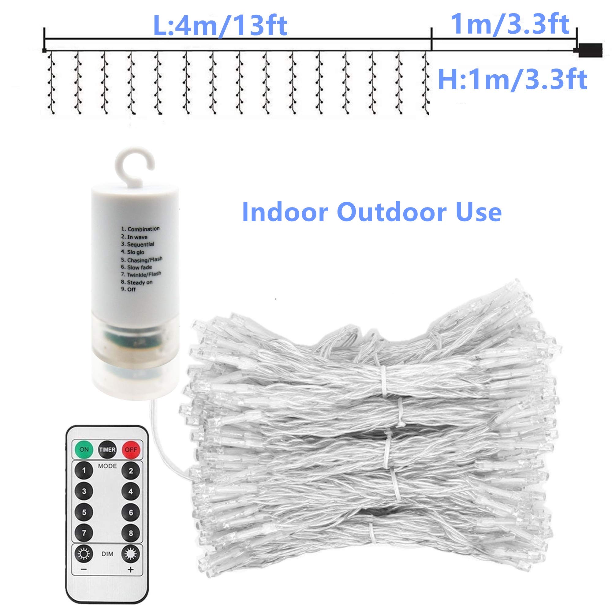Curtain String Lights,Icicle Lights, Battery Operated,13ft(L) x 3.3ft(H),Remote,8 Mode,200 LED,Hanging Christmas Lights for Home Garden Patio Camping Party Window Balcony Decoration-Warm White