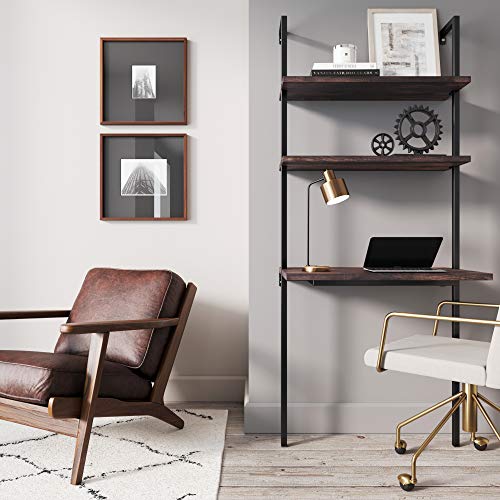 Nathan James Theo 2-Shelf Industrial Wall Mount Ladder Table, Nutmeg/Matte Black & Theo 4-Shelf Bookcase, Floating Wall Mount Shelves with Natural Wood and Industrial Pipe Metal Frame, Nutmeg/Black