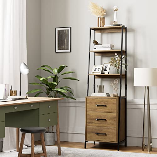 HITHOS 4-Tier Bookshelf, Tall Bookcase with 3 Wooden Drawers, Modern Ladder Book Shlef Storage Organizer for Living Room, Entryway, Office, Rustic Brown