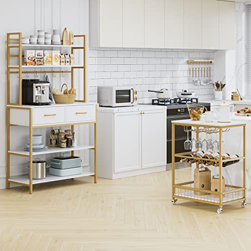 HITHOS Industrial 5-Tier Kitchen Bakers Rack with 2 Drawers, Microwave Oven Stand with Storage Shelves and Hutch, Kitchen Shelf with Storage, Coffee Bar for Living Room, Home Office, Gold White