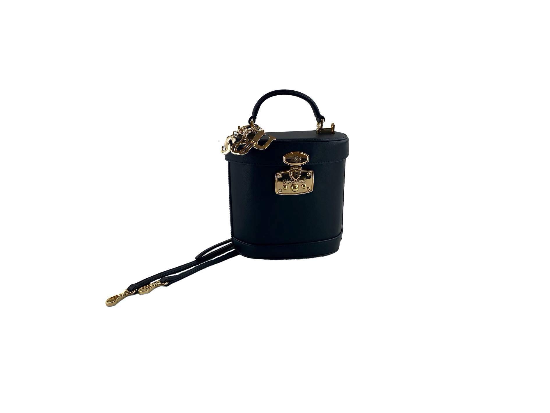 UScarmen Women's Calfskin Leather Top Handle Binocular Box Bag Black Brown (Black)
