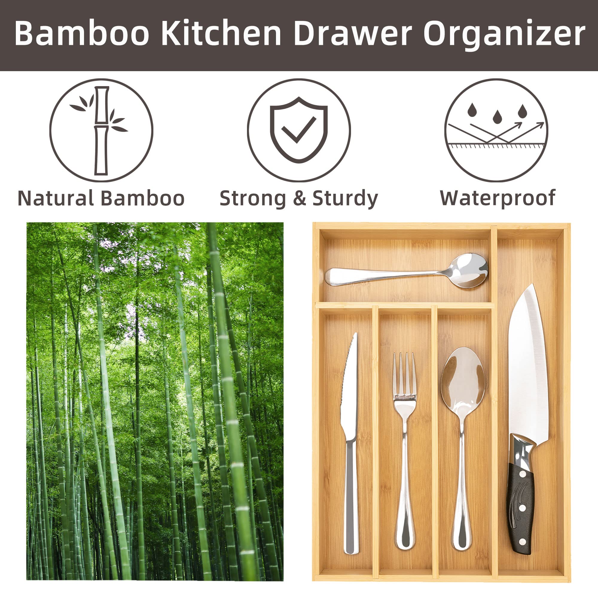 Conflech Silverware Organizer Bamboo Kitchen Drawer Organizer Utensil Organizer Silverware Holder Cutlery Organizer in Drawer Flatware Organizer Tray