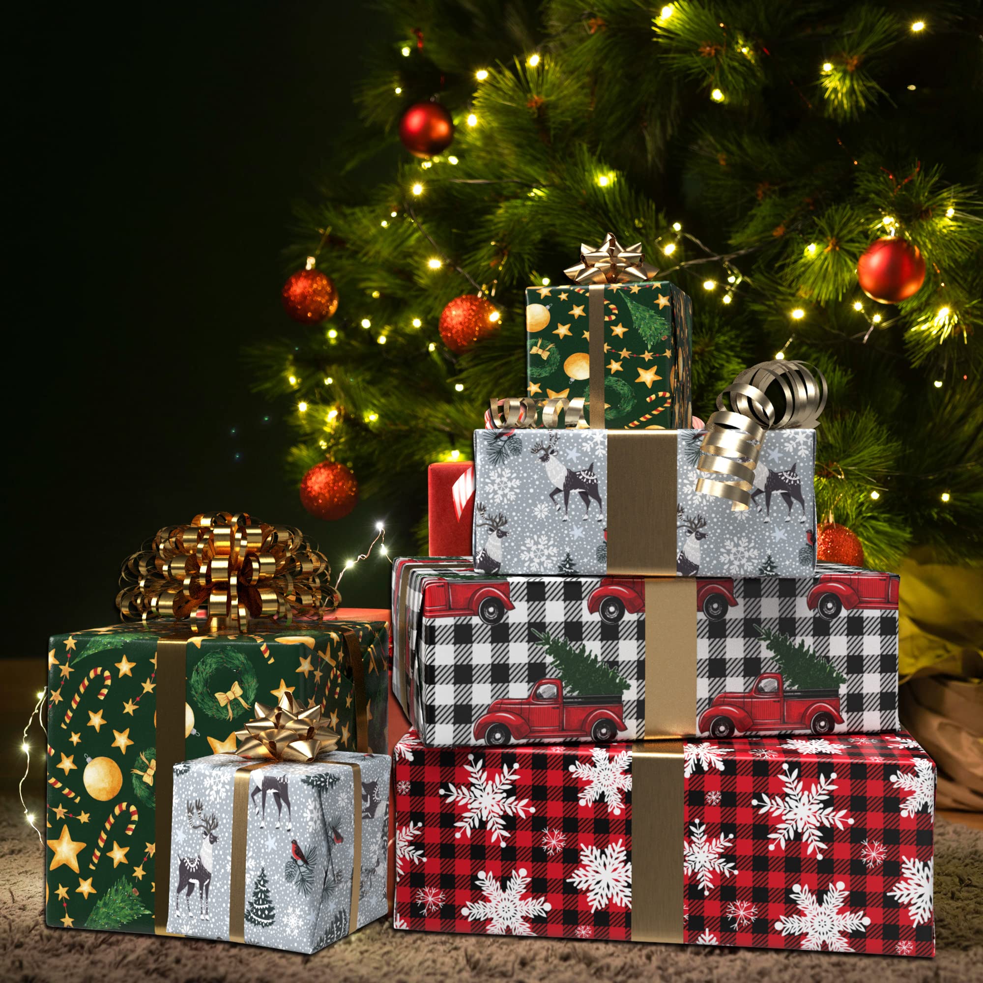 Christmas Wrapping Paper - GIOLNIAY Holiday Gift Wrap with Trucks, Snowflakes, Trees - 4 Jumbo, 4 Medium Sheets
