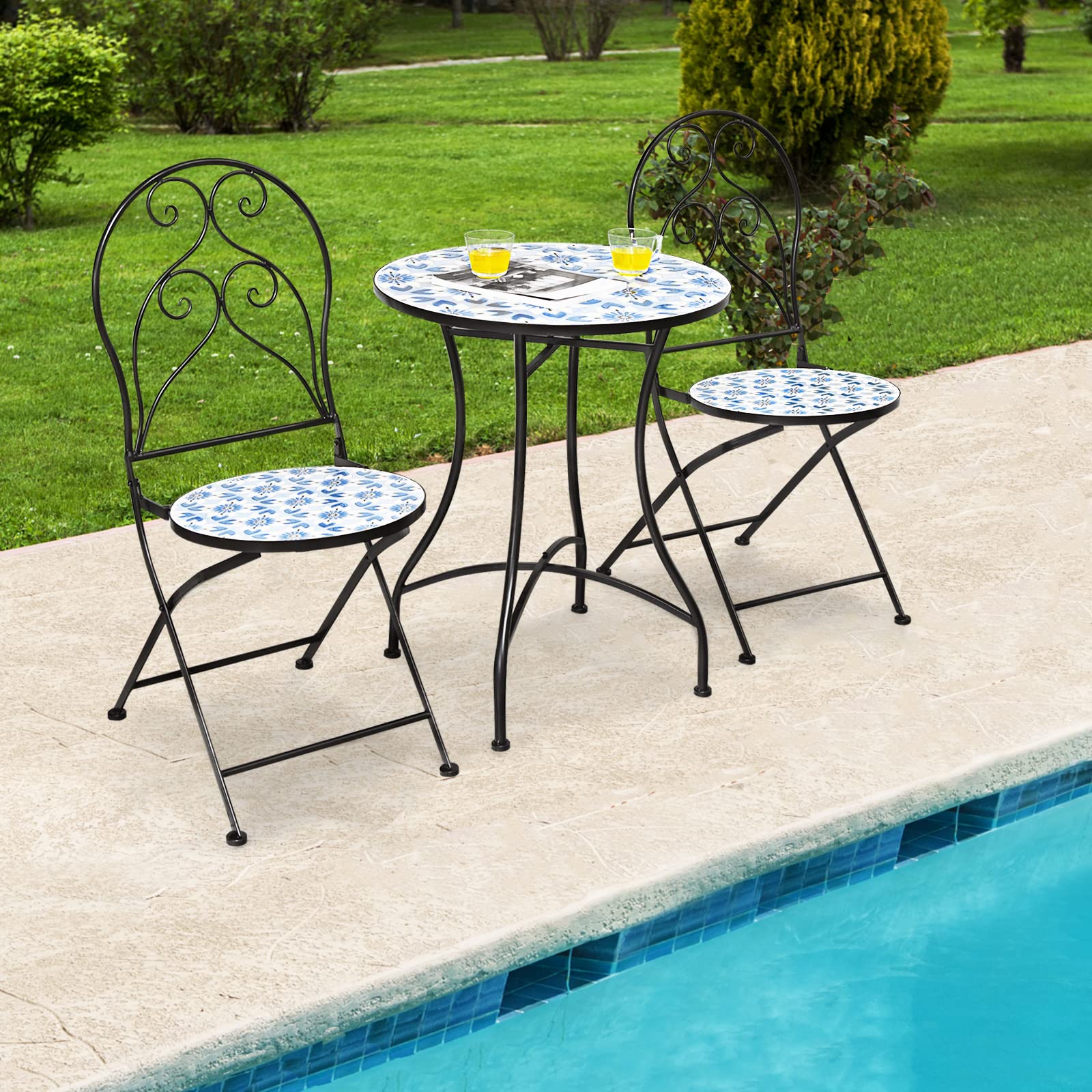Giantex 2 Pieces Folding Bistro Chairs, Mosaic Patio Chairs with Ceramic Tiles Seat and Exquisite Floral Pattern, Outdoor Dining Chairs for Deck, Garden and Backyard (Blue & Black)