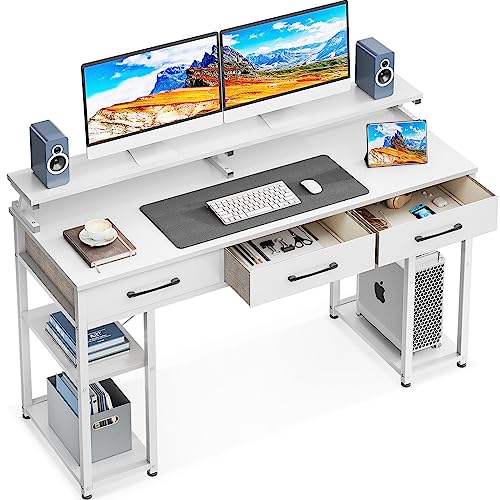 ODK Computer Desk with Drawers and Storage Shelves, 55 inch Home Office Desk with Monitor Stand, Modern Work Study Writing Table Desk for Small Spaces, White + White Leg
