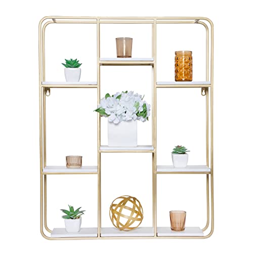 Sheffield Home Decorative Rounded Edge Metal and Wood Floating Shelf, Gold and White