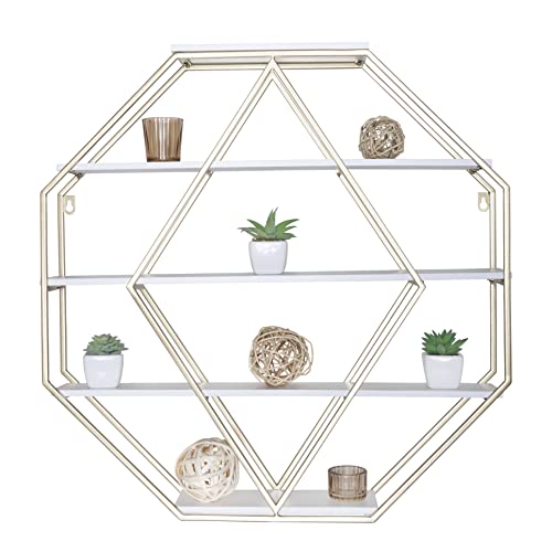Sheffield Home Decorative Octagonal Metal and Wood Floating Shelf, Gold and White