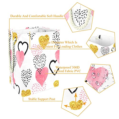 Inhomer Glittering Gold Pink Hearts Pattern Large Laundry Hamper Waterproof Collapsible Clothes Hamper Basket for Clothing Toy Organizer, Home Decor for Bedroom Bathroom