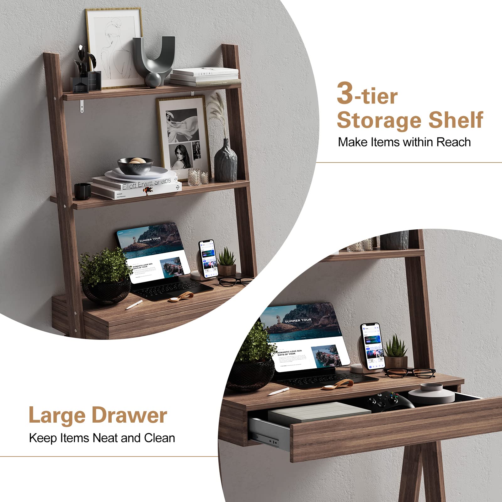 Giantex 3 Tier Ladder Desk with Drawer, 33" Width Walnut Ladder Shelf with Anti-Tipping Device, Freestanding Bookshelf, Leaning Computer Desk with Shelves for Small Space