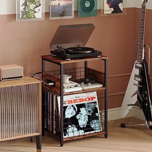 X-cosrack Record Player Stand with Vinyl Record Storage, 3 Tier Side Table with Charging Station & USB Ports, Retro End Table for Living Room Bedroom, Sturdy Wood and Metal Frame, Brown & Black