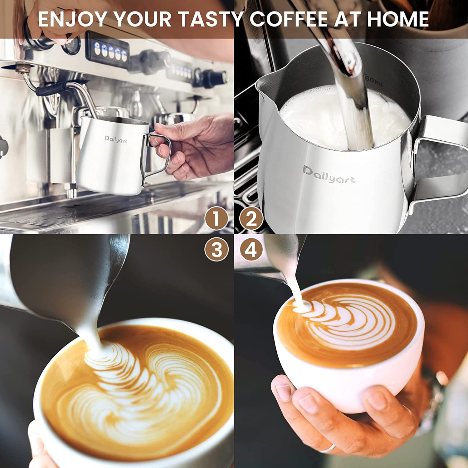 Dailyart Milk Frothing Pitcher 8 Oz/250ml - 304 Stainless Steel Milk Frother Cup with Special Dripless Spout and Scale, Espresso Machine Accessories, Milk Steaming Pitcher for Cappuccino, Latte Art