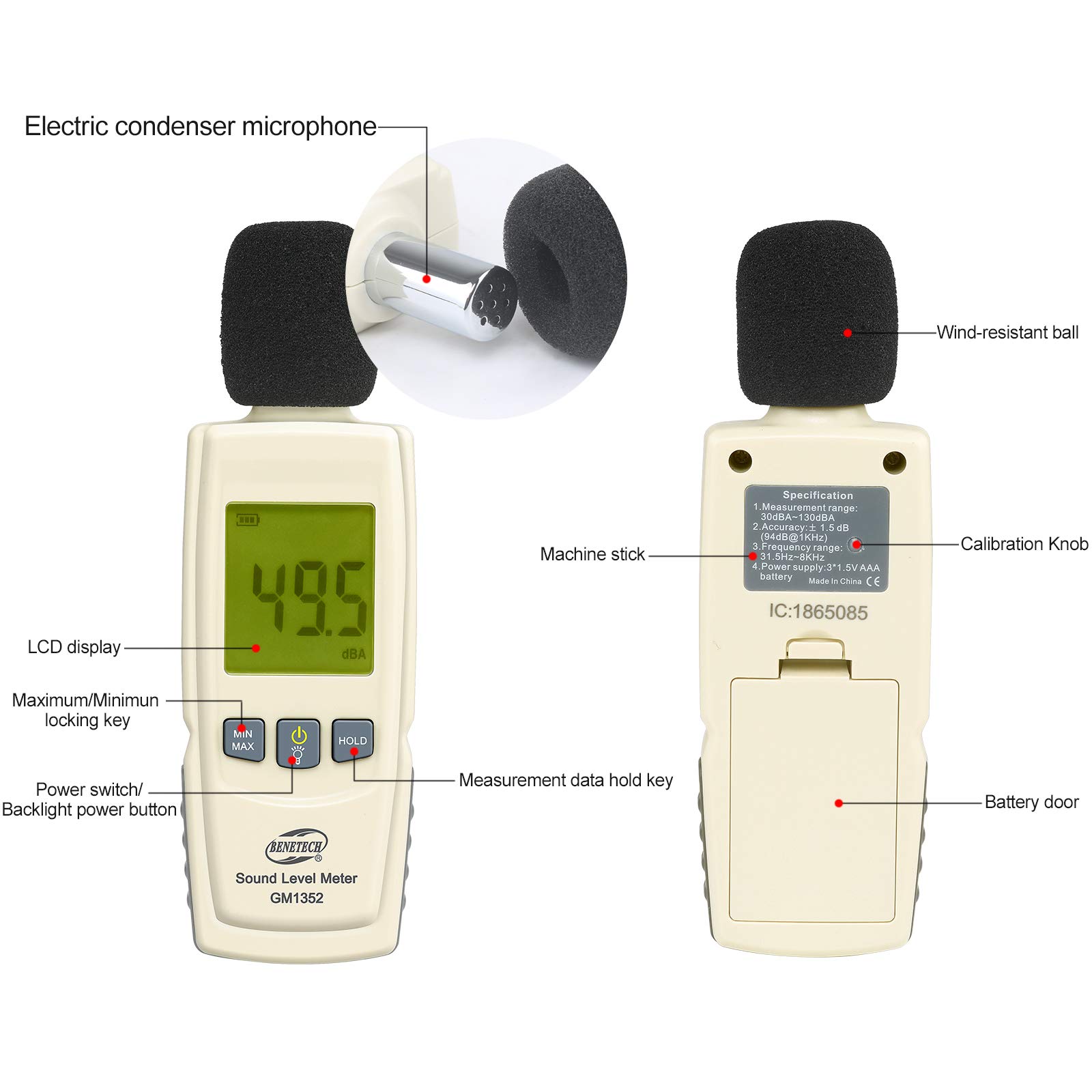 Decibel Meter 30-130 dB Sound Meter Noise Meter Max/Min/Data Hold Sound Level Reader LCD Display and Backlight Digital Sound Level Meter Flashlight Audio Noise Volume Measuring Monitoring Instrument