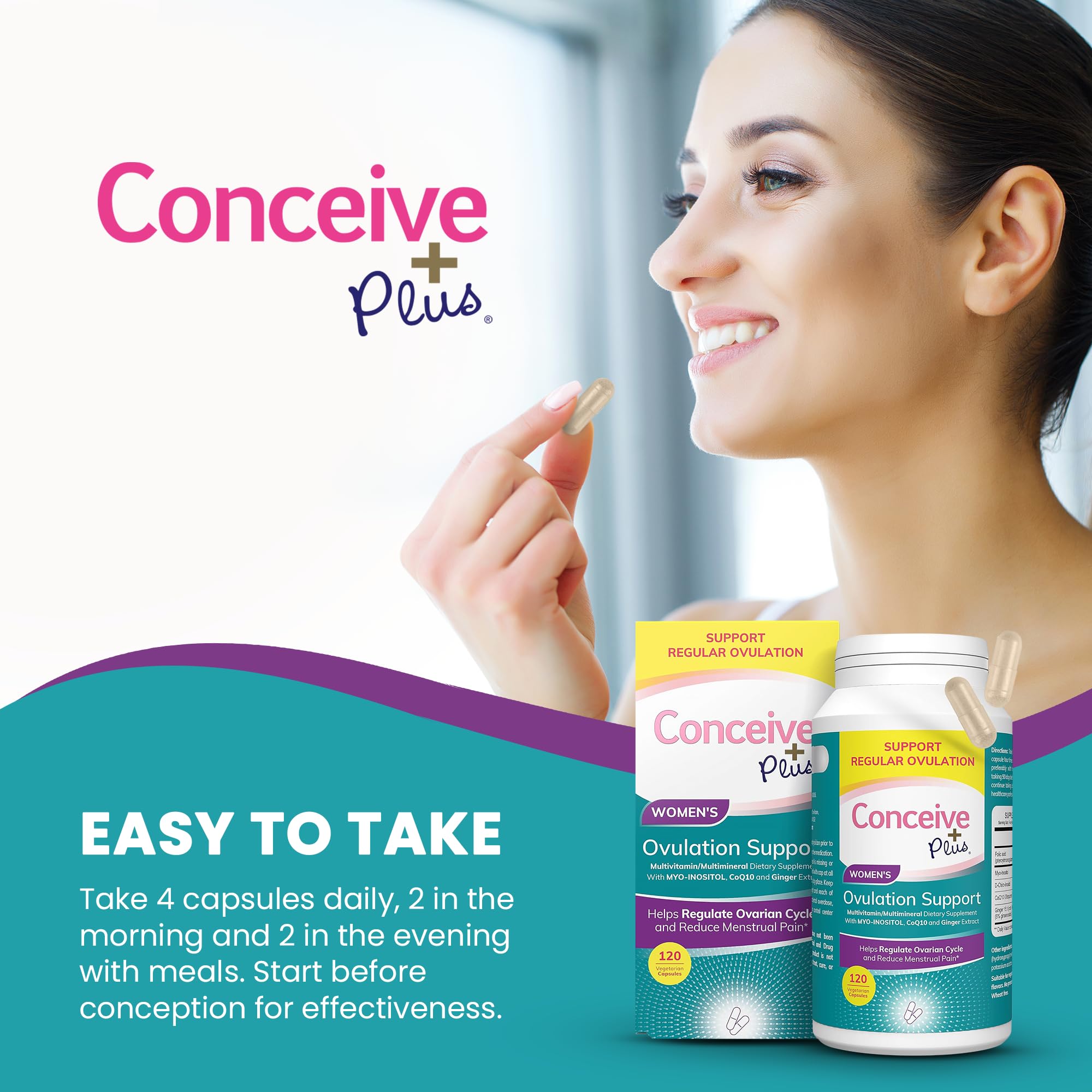 CONCEIVE PLUS Myo-Inositol & D-Chiro Inositol Supplement Blend Capsules | Folate, Ginger, CoQ10, Vitamin B8 | 30-Day Supply Healthy Ovarian Function for Women | 120 Inositol Caps