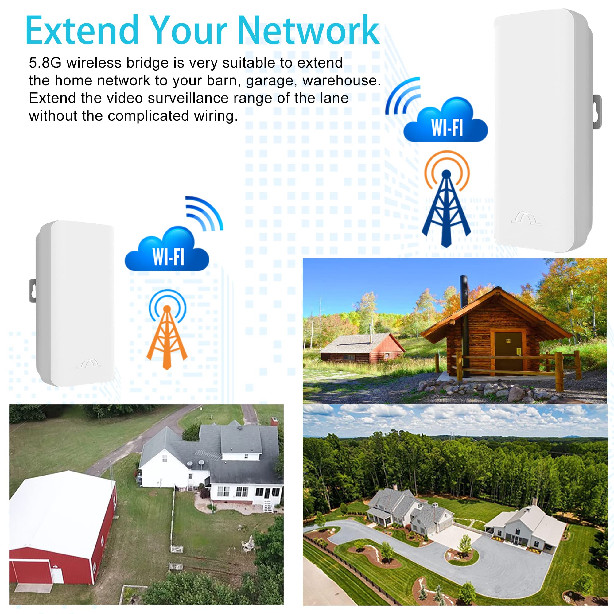 Point to Point Wireless Bridge Outdoor,5.8G WiFi Access Extender CPE Outdoor WiFi Long Range Internet Repeater Supports Video Surveillance Transmission up 1.2 Miles with 12DBi Gain Antenna 2 Pack