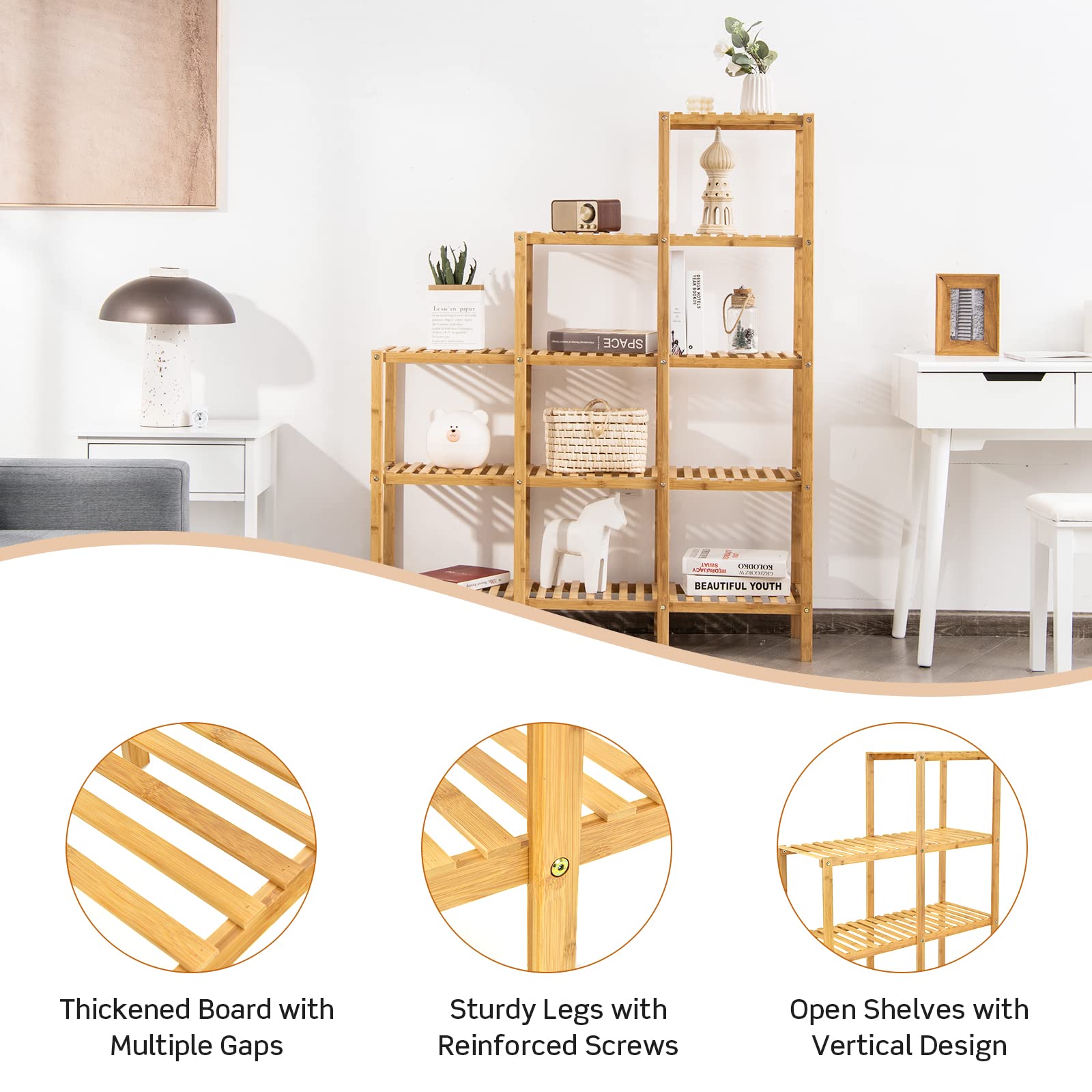 Giantex 5 Tier Bamboo Shelf, Cube Storage Organizer w/ 9 Cubes, Bamboo Bathroom Shelf, Multipurpose Storage Organizer Display Plant Stand for Home Office Living Room Balcony
