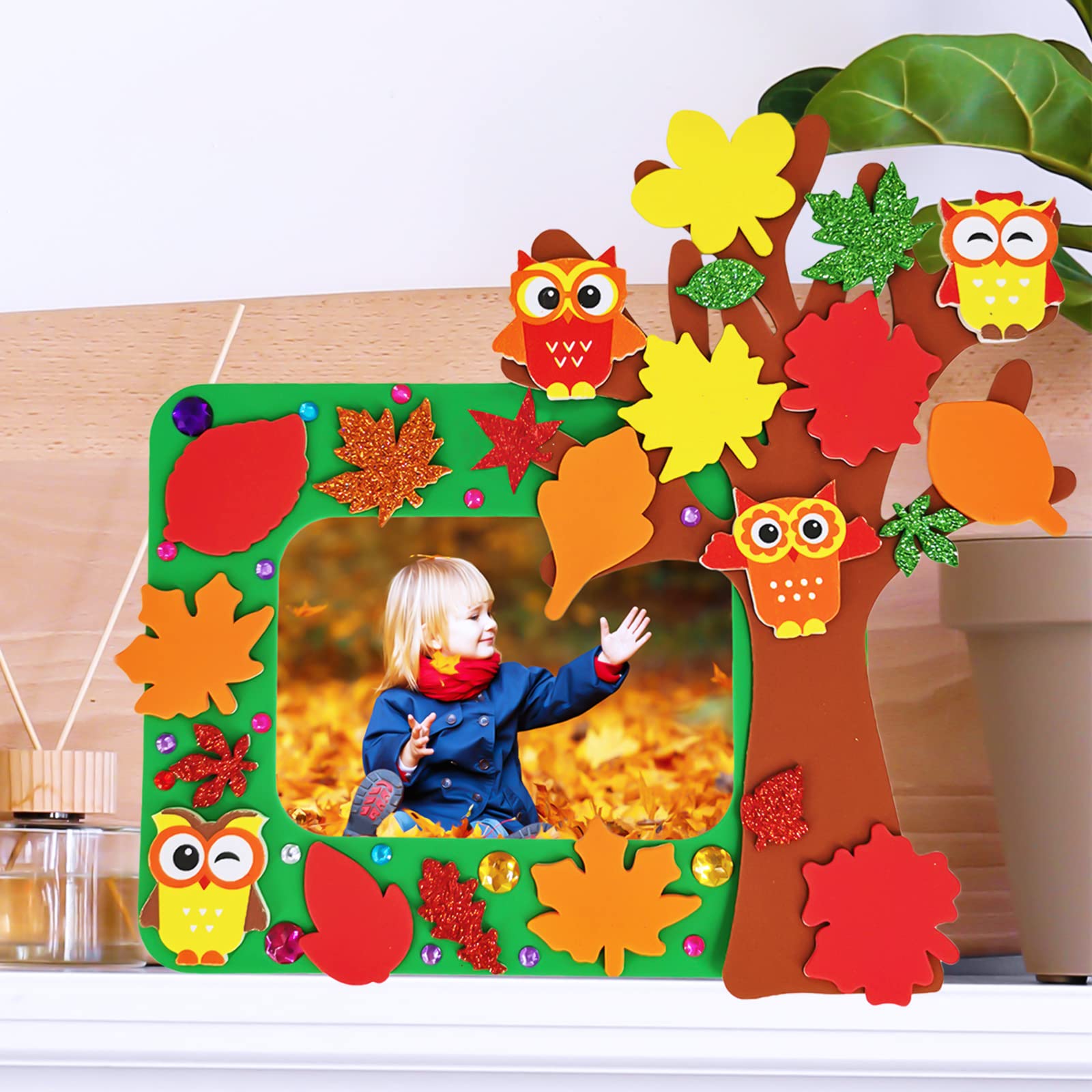 Winlyn 12 Sets Fall Craft Kits Fall Thanksgiving Picture Frame Decorations Art Sets Tree of Thanks Turkey Owl Smile Face Pumpkin Autumn Leaf Foam Stickers Arts and Crafts for Kids Party Activities