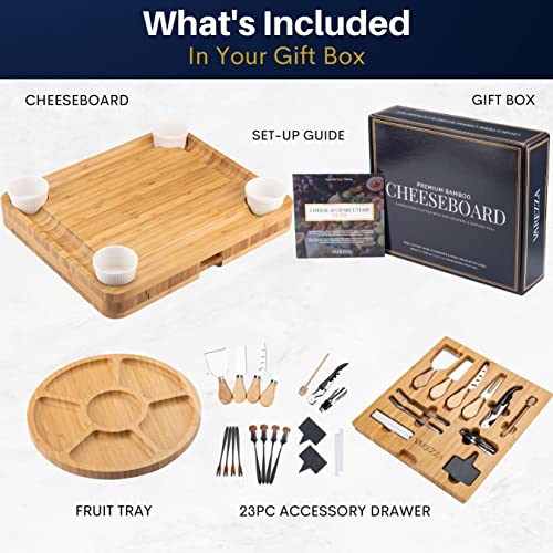 VAREZZA Bamboo Cheese Board and Knife Set Extra Large Charcuterie Board Set - Serving Board, Side Cheese Tray, Round Bamboo Fruit Cheese Platter, 23 Entertaining Accessories for House Warming Gift