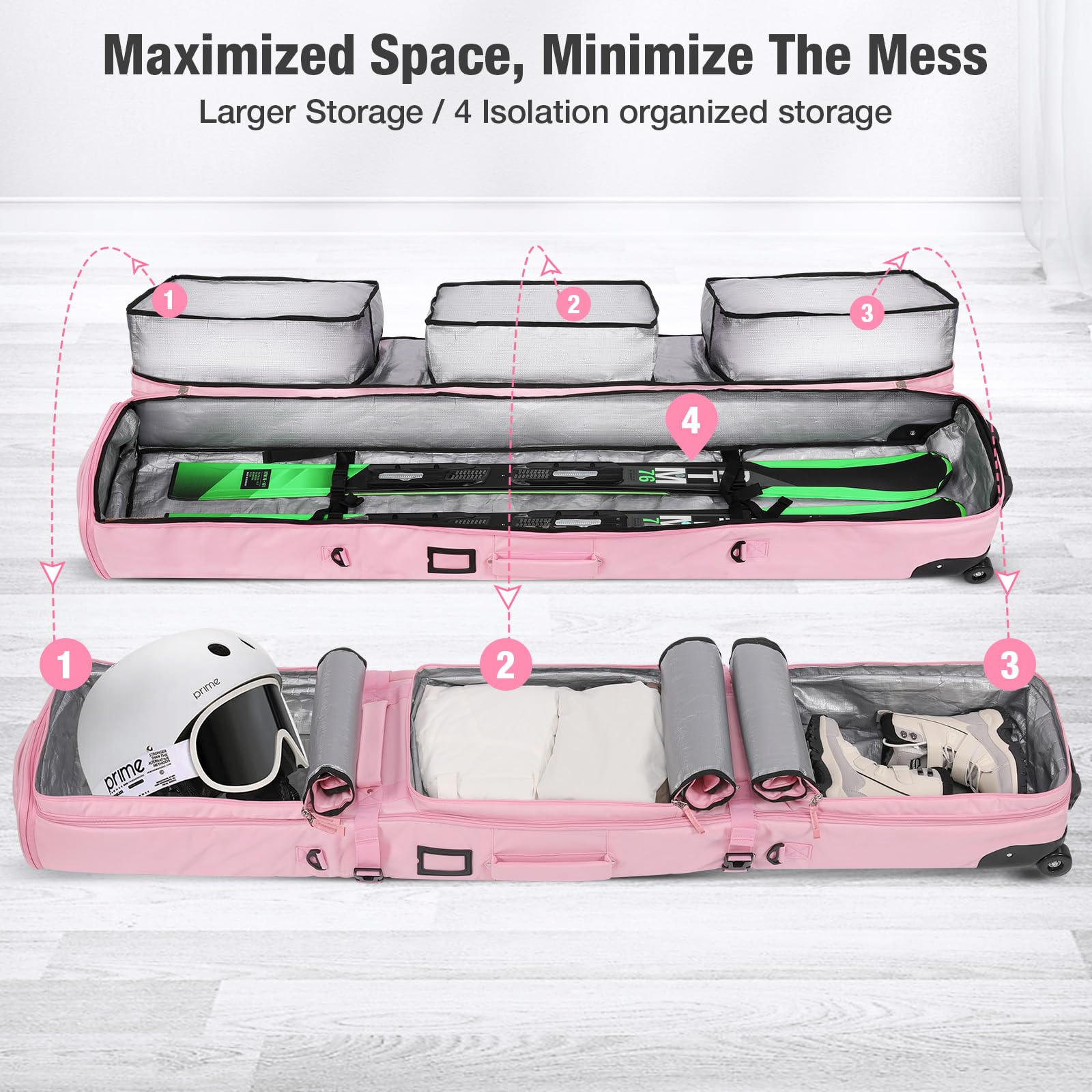 DASHINGNOAH Double Rolling Ski Bag, Waterproof Snowboard Bag with Wheels for Air Travel, Extendable From 175-187CM, Padded 3 Outside Bags Fit Single Ski/2 Sets Skis, Helmet, Jacket&Boots, Black