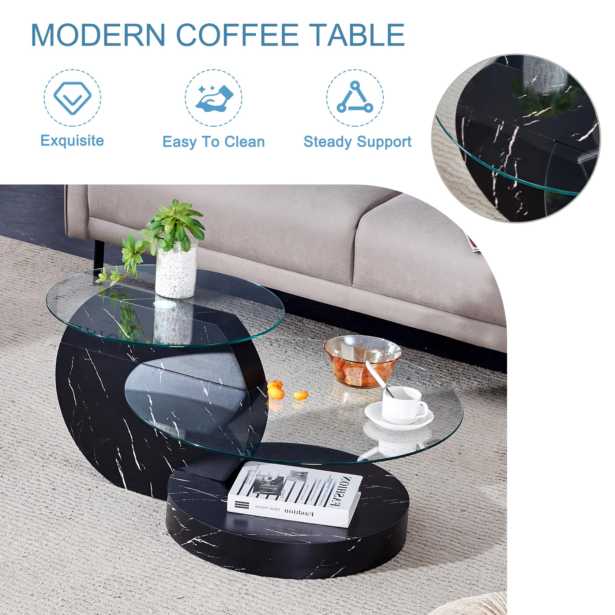 Glass Coffee Tables for Living Room Round Coffee Tables Modern Double Layer Round Table Circle Coffee Table for Small Space Home Office (35.4 Inch Black)