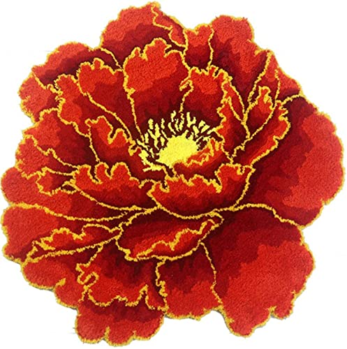 Red Flower Shaped Rug Creative Living Room Rug Bedroom Floor Mat Retro Chinese Style Peony Flower Rug for Bedside Blanket Bathroom Rug Garden Kitchen Running Mat Soft Non-Slip Home Decor 2.6ft(80cm)
