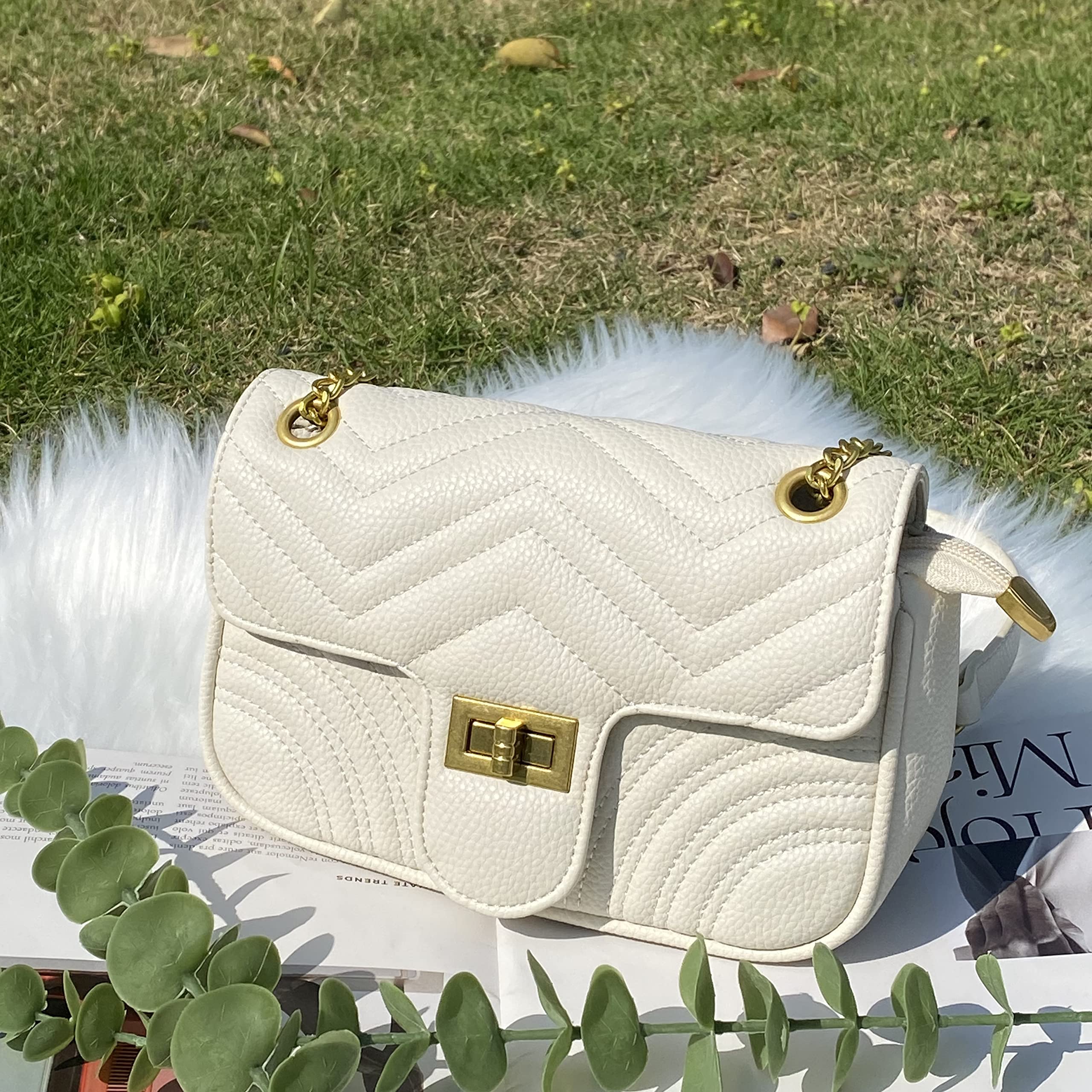Seagloca 9.4" Women's PU Leather Quilted GG Messenger Shoulder Bag Purse Chain Handbag Crossbody Bag (White