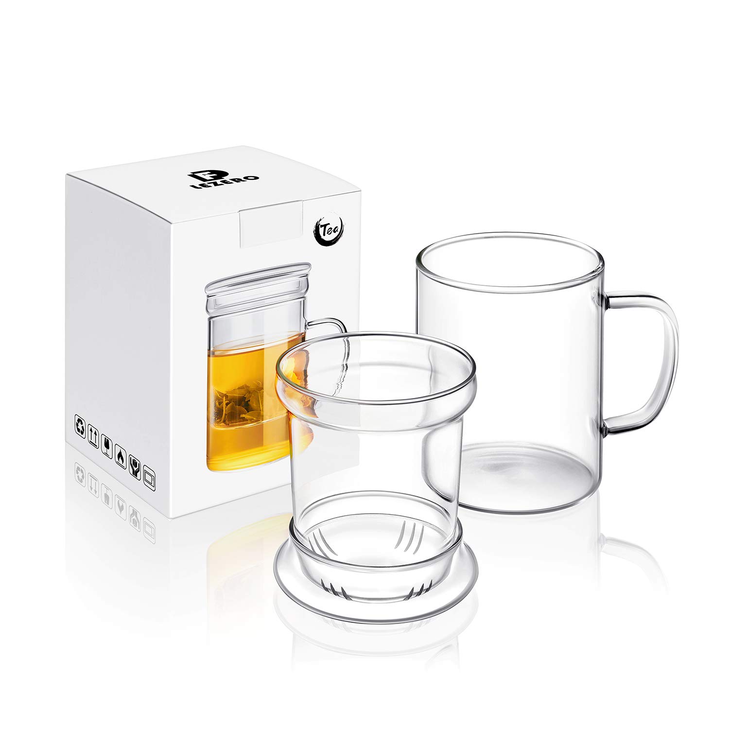 Glass Tea Infuser Cup with Filter and Lids, Borosilicate Glass Tea Mugs with Strainer for Blooming Tea & Loose Leaf Tea, Steeping Tea Cup Gift Kit, Lead-free, Microwave Safe, 14oz