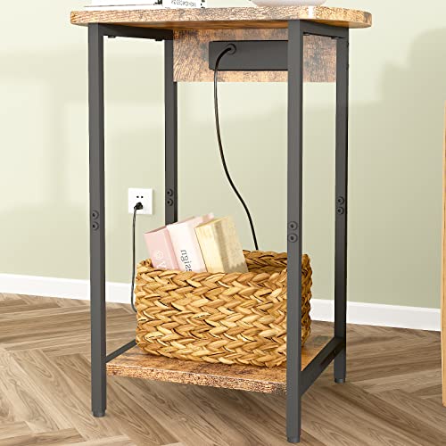 SOOWERY End Tables with Charging Station, Set of 2 Side Tables with USB Ports and Outlets, Nightstands with Storage Shelf for Living Room, Bedroom, Brown