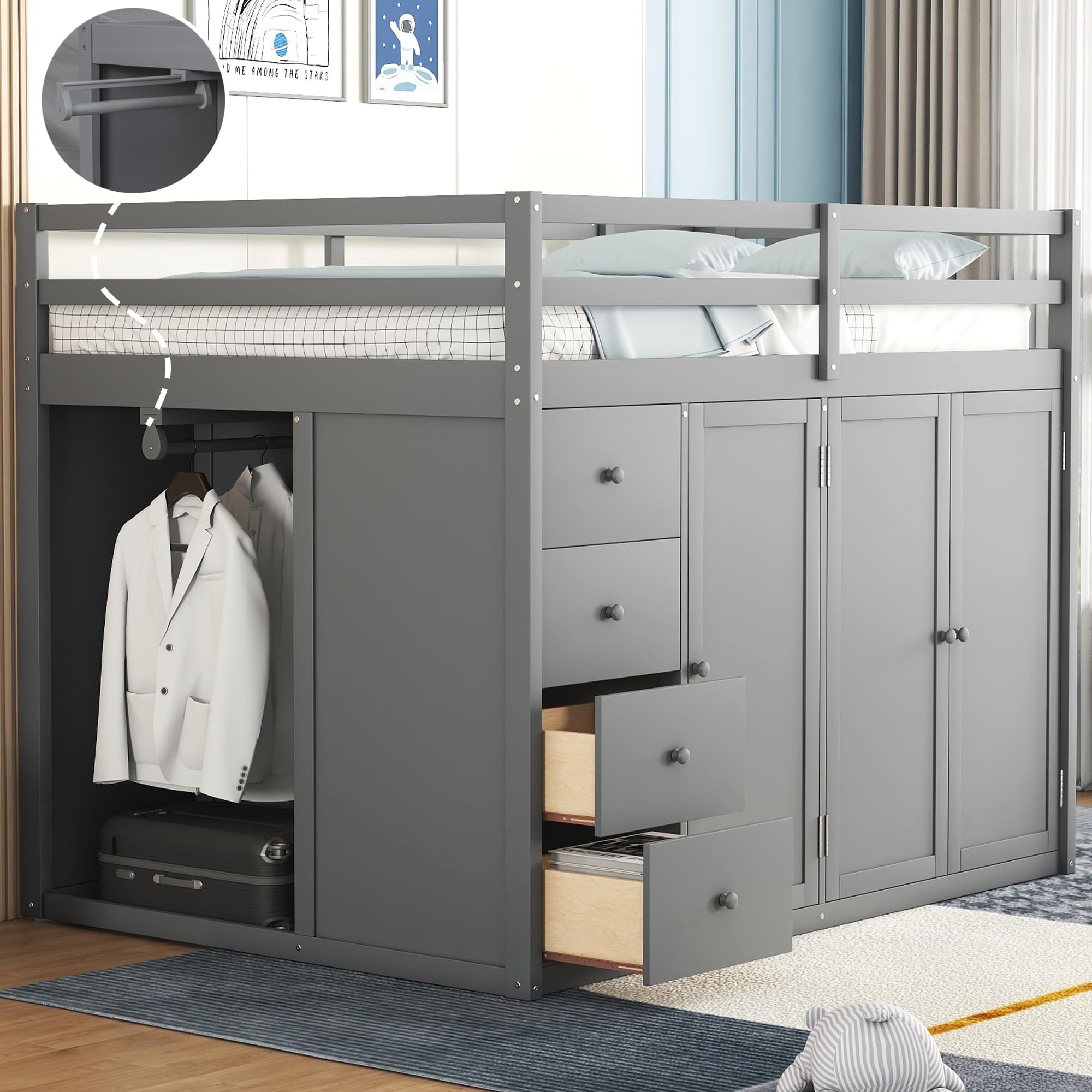 Harper & Bright Designs Full Size Loft Bed with Stairs, Wood Loft Bed with 2 Wardrobes, Full Loft Bed with Storage Drawers and Cabinet, High Loft Bed Frame for Kids Teens Adults, Grey