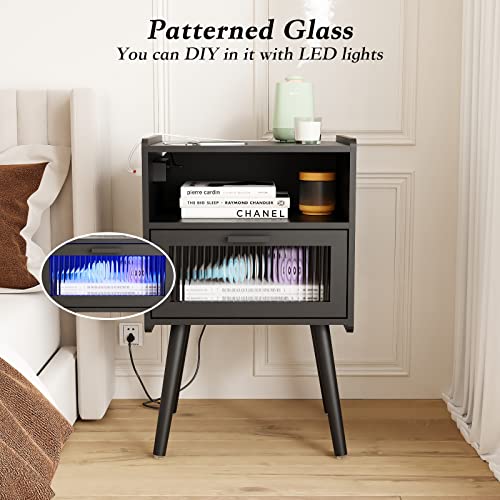 SOOWERY Mid Century Modern Nightstand with Charging Station, Bedside Tables with Glass Drawer, End Table Side Table with 2 Tiers Storage Space, for Bedroom, Living Room, Black