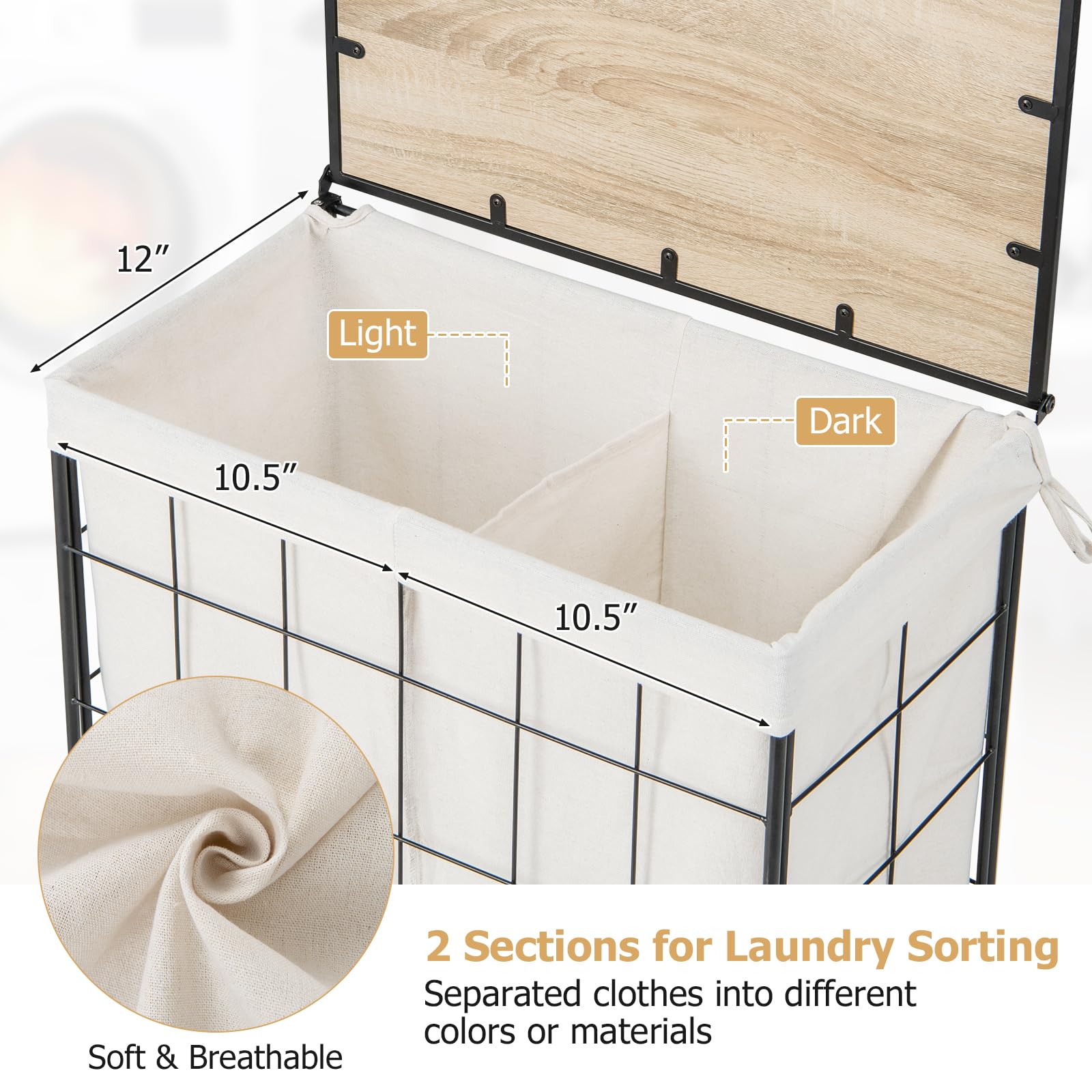 Giantex Laundry Hamper with Wheels and Lid, 110L Heavy Duty Laundry Sorter with Removable Liner Bag & Wood Lid, 2-Section Divided Metal Laundry Basket, Handwoven Rattan Rolling Laundry Basket (Black)
