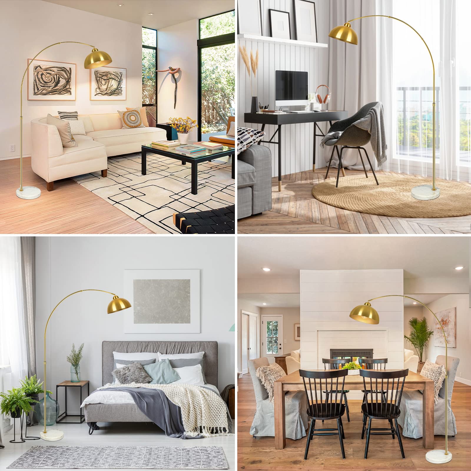 Contemporary Gold 73" Arc Floor Lamp with Hanging Dome Shade, Marble Base Adjustable Farmhouse Over The Couch Tall Stand Up Light, Industrial Task/Reading Standing Corner Lamp for Living Room Bedroom