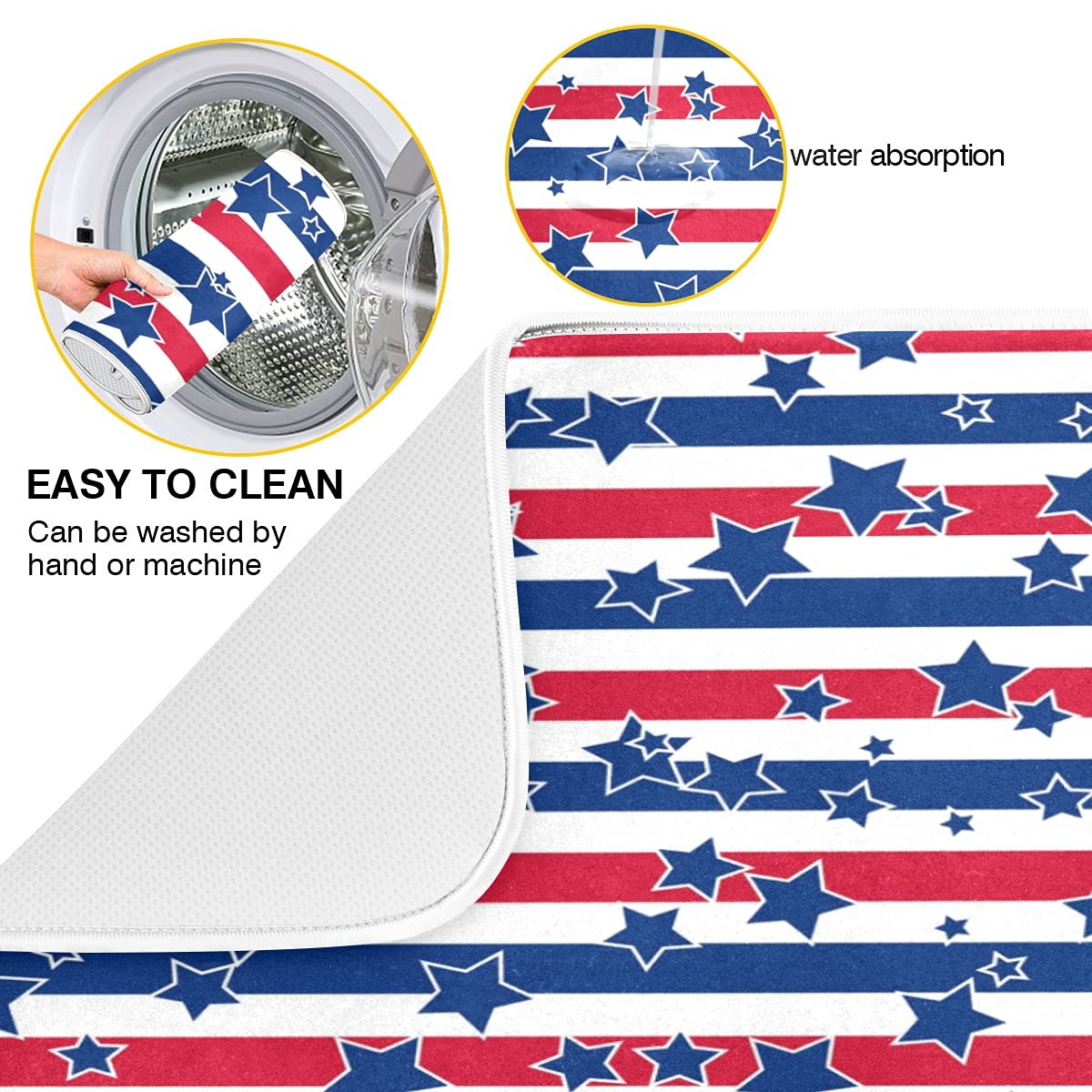 Dish Drying Mat American Stars And Stripes Kitchen Counter Mat Dishes Pad Dish Mats for Drying 4th Of July, Reversible, Super Absorbent 18x24
